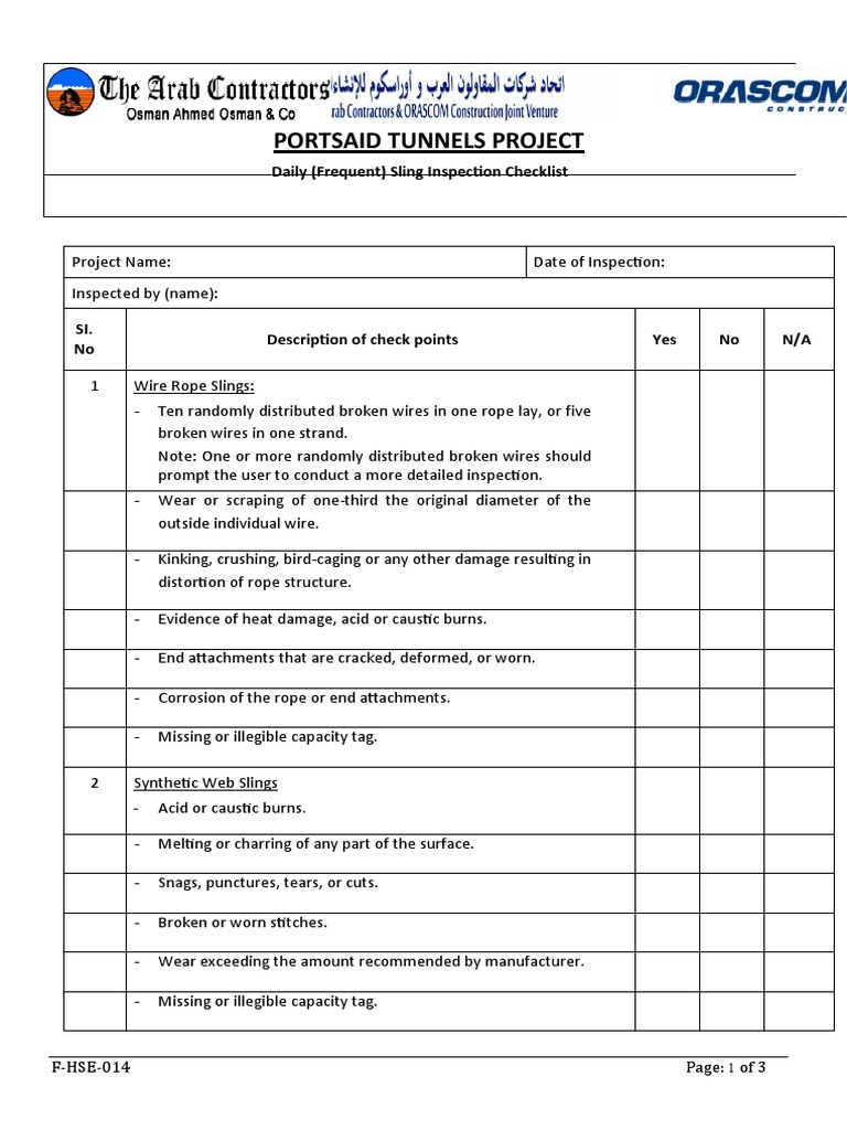 Sling Inspection Checklist for Portsaid Tunnels | PDF | Rope | Wire
