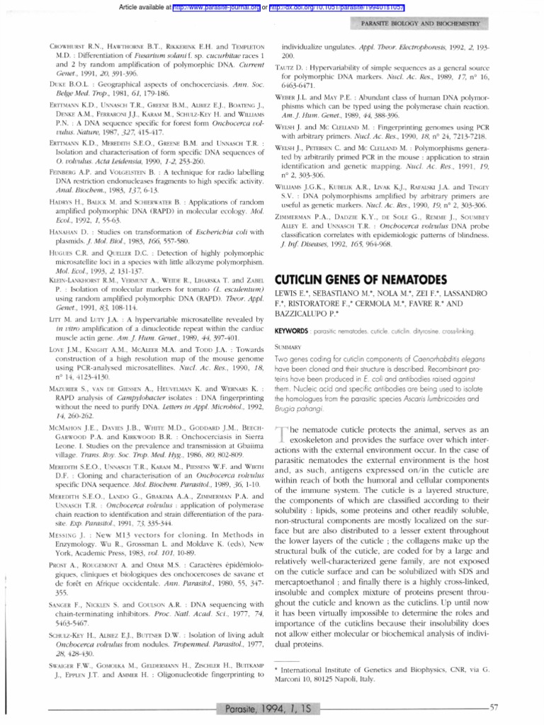 Cuticlin Genes in Parasitic Nematodes | PDF | Polymerase Chain Reaction ...