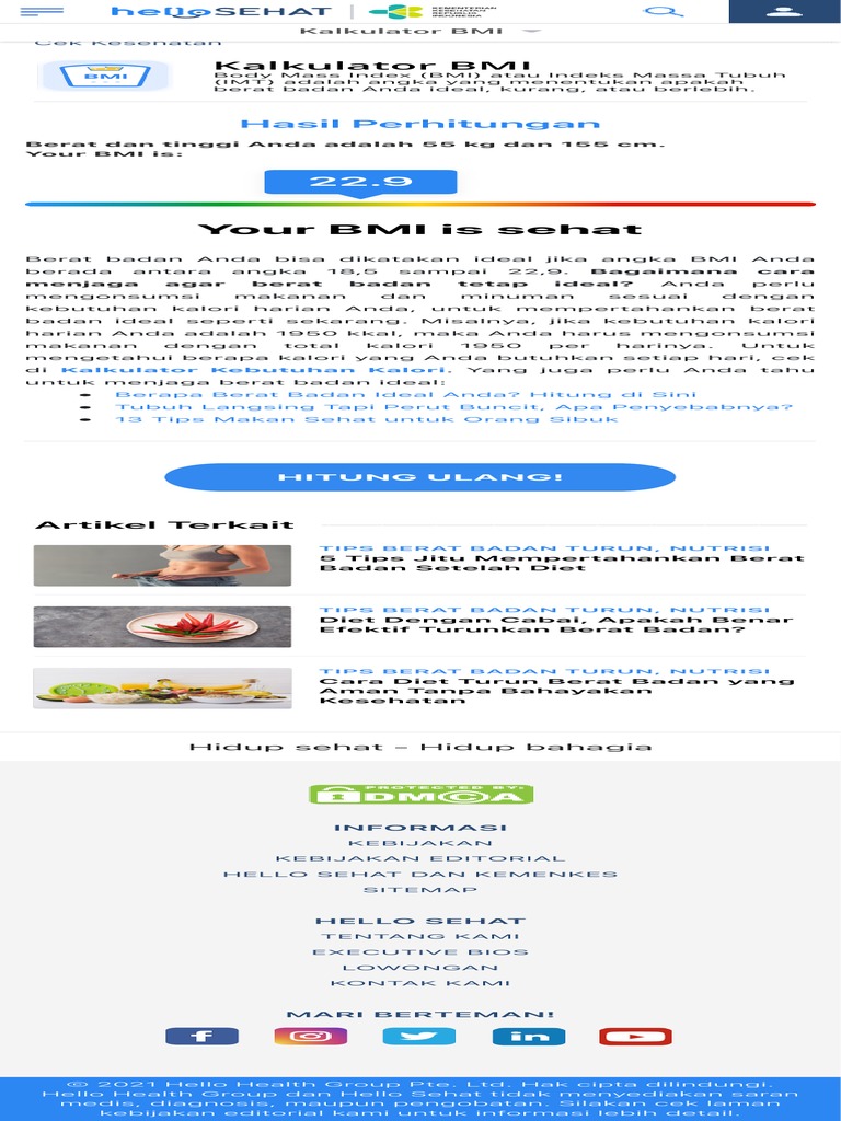 Kalkulator BMI Dan Berat Badan Hello Sehat | PDF | Pengembangan Diri ...