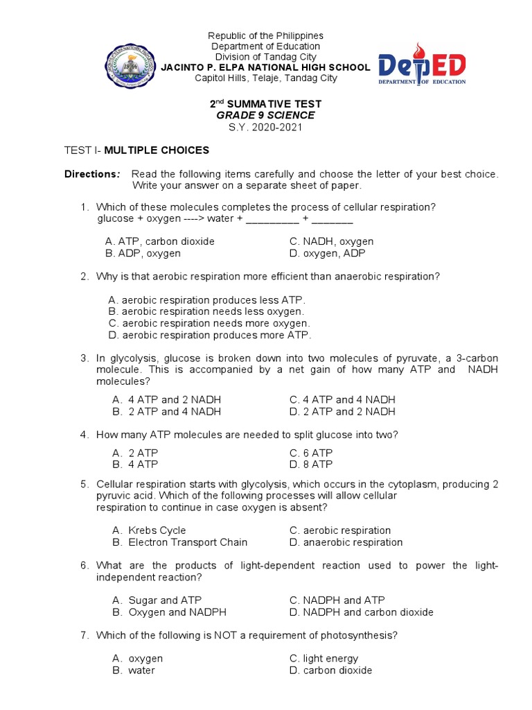 Quarter 1 - 2nd Summative Test (Grade 9) | PDF | Cellular Respiration ...