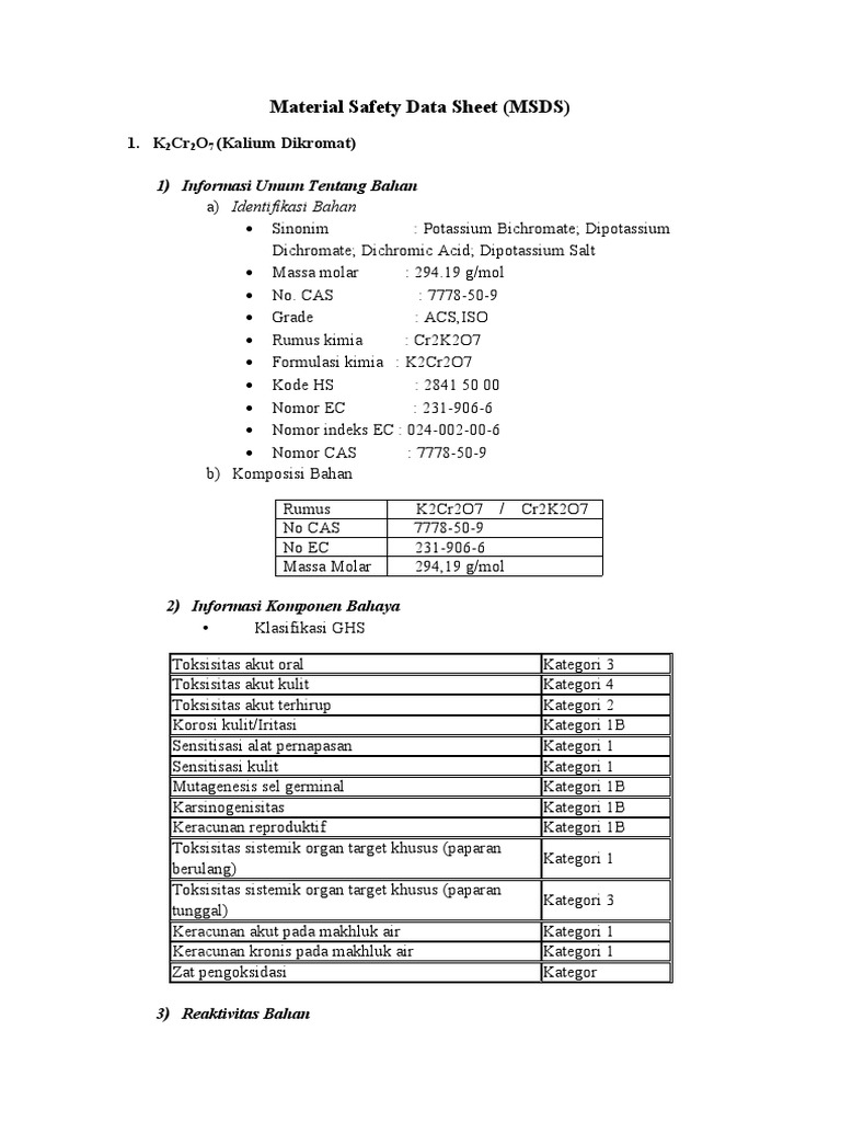 Material Safety Data Sheet K2CR2O7, H2O2 | PDF