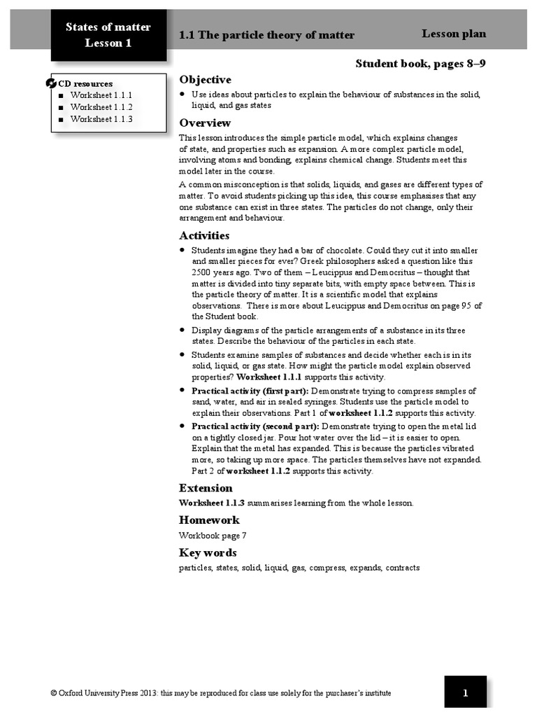 1.1 The Particle Theory of Matter Lesson Plan Student Book, Pages 8-9 ...