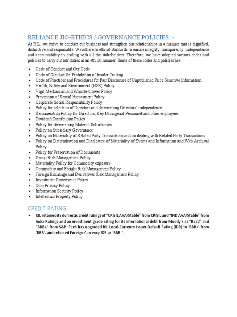 Reliance Jio-Ethics / Governance Policies | PDF
