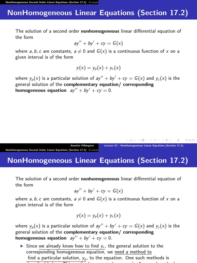 Nonhomogeneous Linear Equations (Section 17.2) | PDF | Equations ...