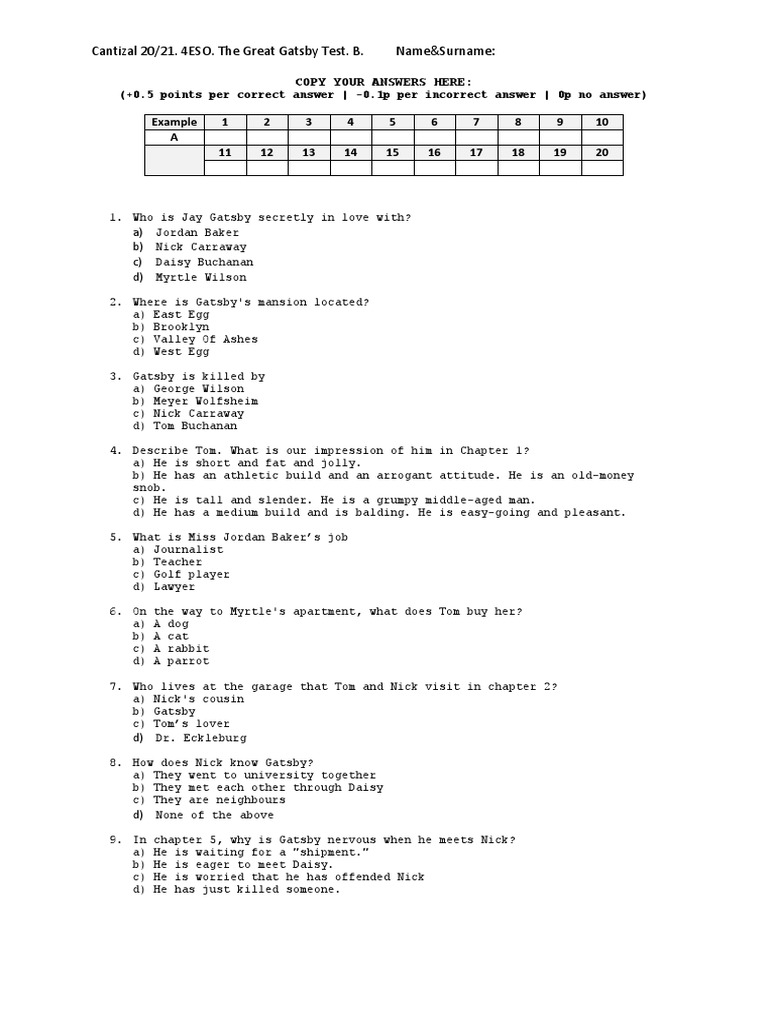 The Great Gatsby, Test | PDF | The Great Gatsby | Novels