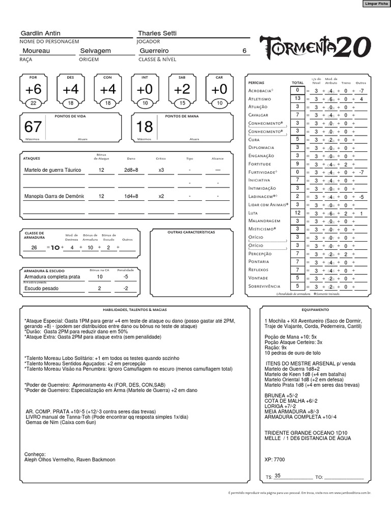 Tormenta 20 - Ficha Preenchível 3.50 - THARLES 2021 | PDF | Lazer | Armamento