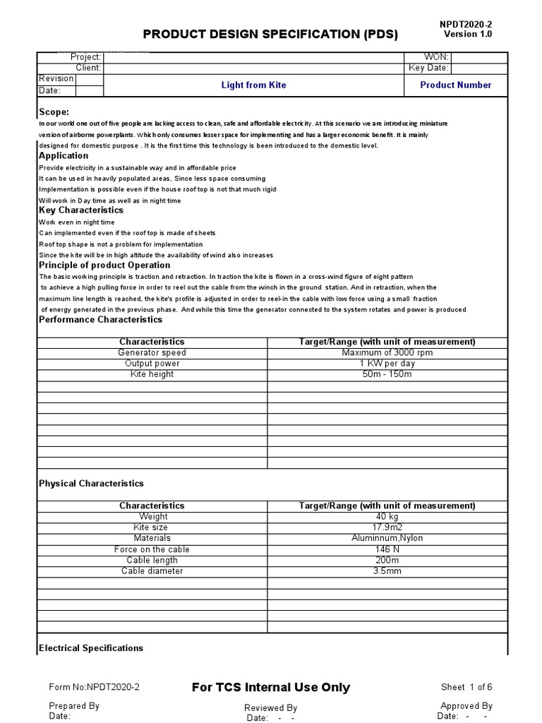 Product Design Specification (PDS) : Light From Kite Product Number ...
