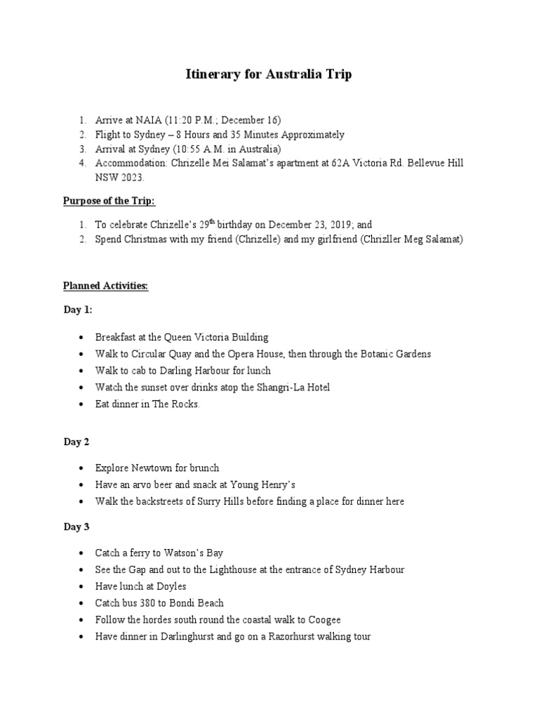 Itinerary For Australia Trip: Purpose of The Trip | PDF