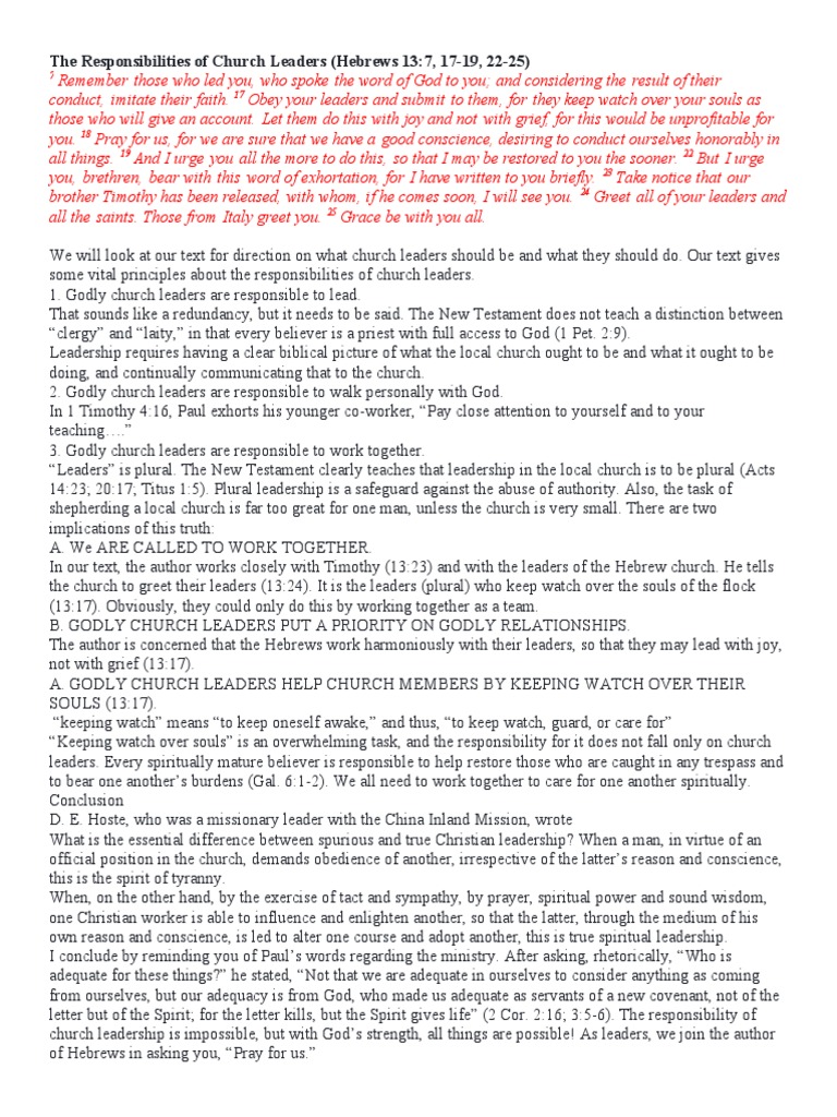 The Responsibilities of Church Leaders | PDF | Prayer | Paul The Apostle
