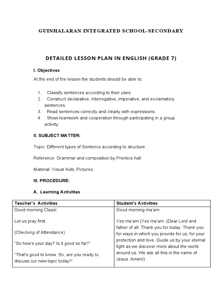 Detailed Lesson Plan in English Grade 7 | PDF | Question | Sentence ...