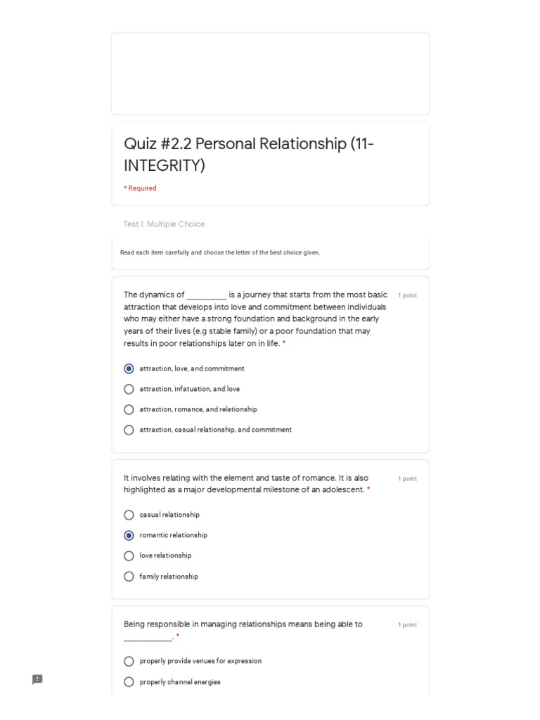 Quiz #2.2 Personal Relationship (11-Integrity) : Test I. Multiple ...