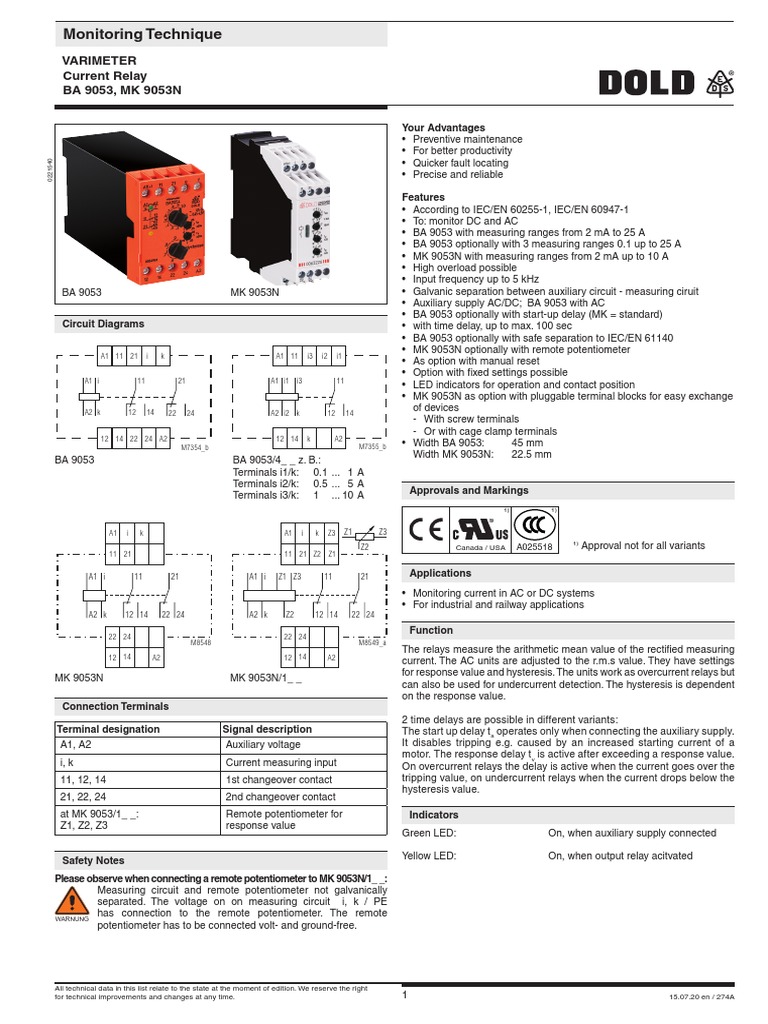 Monitoring Technique: Varimeter Current Relay BA 9053, MK 9053N | PDF ...