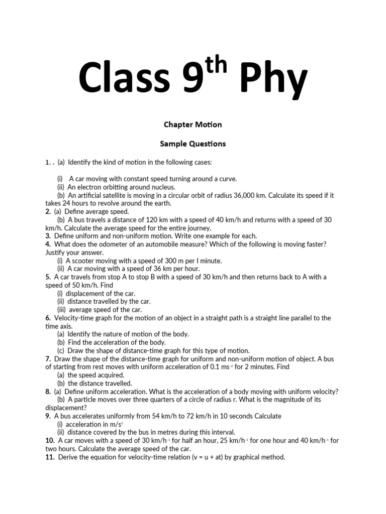 Class 9 Phy: Chapter Motion Sample Questions | PDF | Acceleration ...