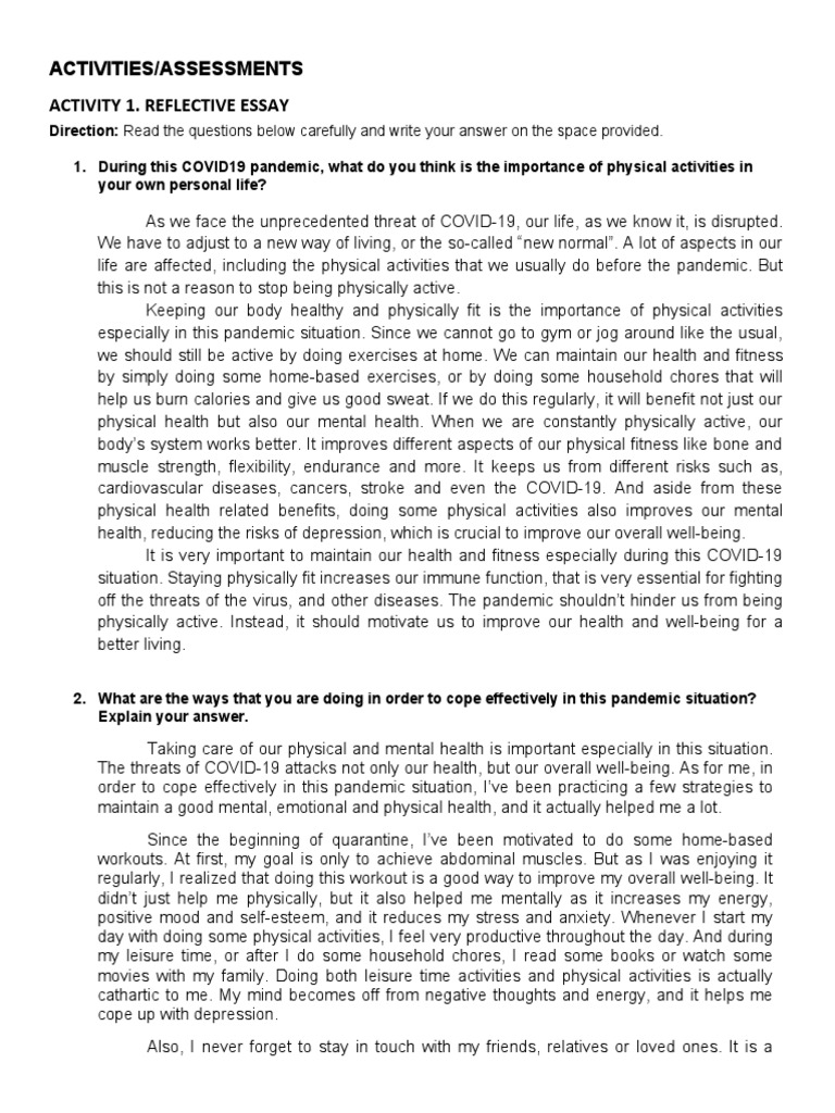 Activities/Assessments Activity 1. Reflective Essay | PDF | Physical ...