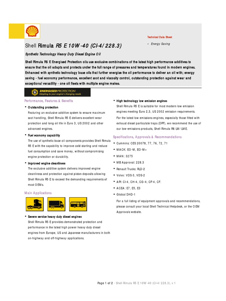 Shell Rimula R5 E 10W-40 (CI-4/228.3) : Performance, Features ...