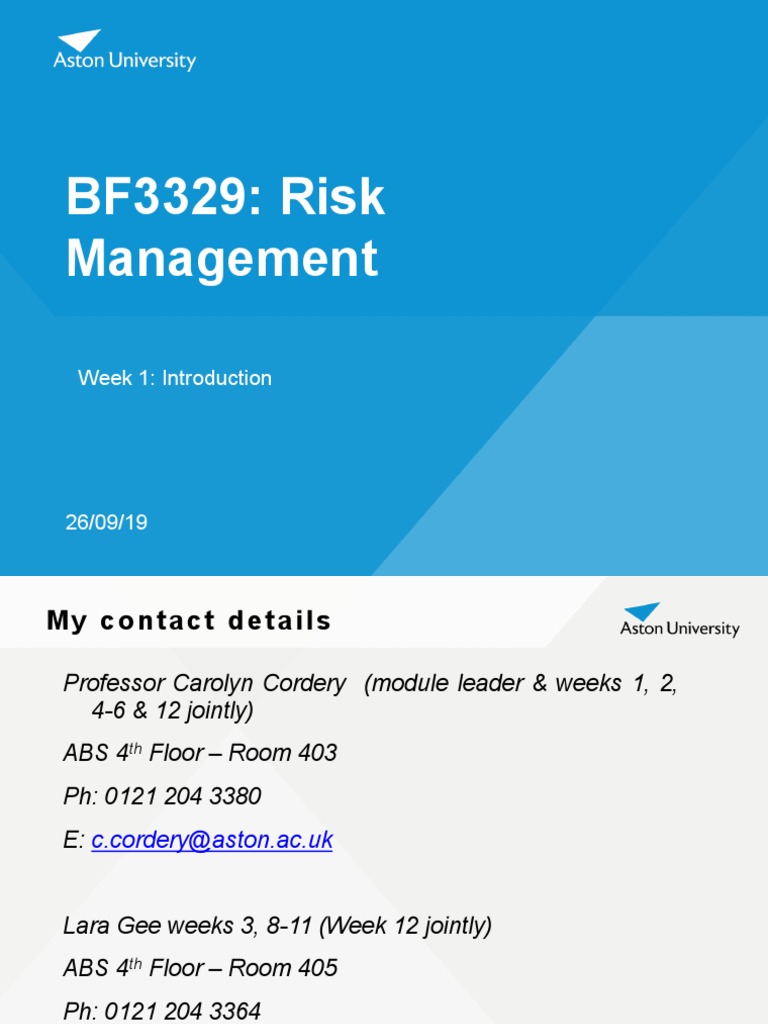 BF3329: Risk Management: Week 1: Introduction | PDF | Risk | Risk ...