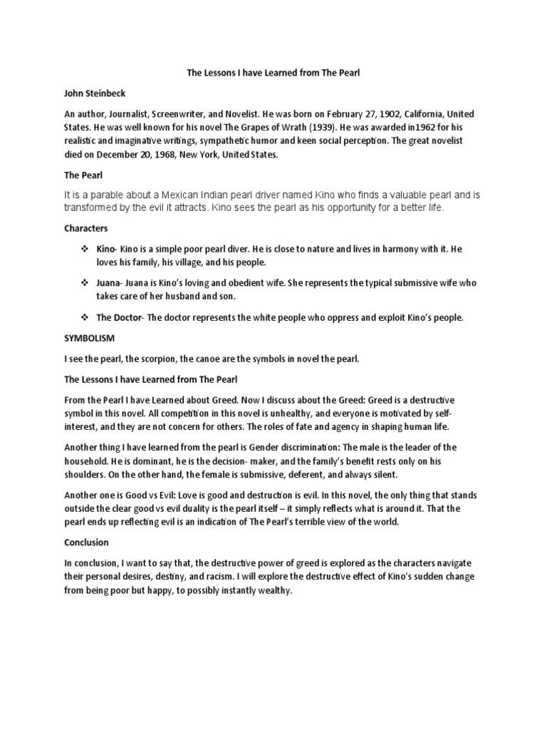Lessons from Steinbeck's The Pearl | PDF | Mystery, Thriller & Crime ...