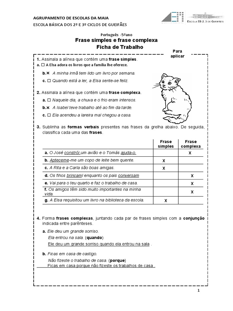 Goncalo Paiva - Ficha de Trabalho 1 - Frase Simples e Frase Complexa (1) - Cópia | PDF