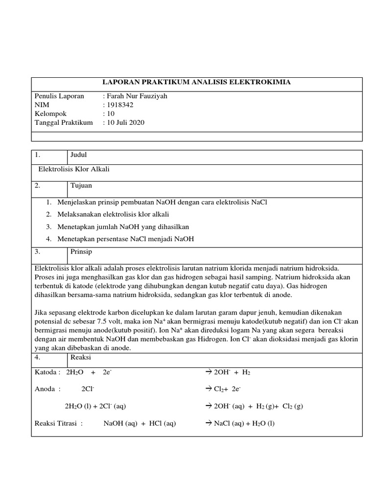LAPORAN PRAKTIKUM ANALISIS ELEKTROKIMIA Elektrolisis Klor Alkali, Kelompok 10-Dikonversi | PDF