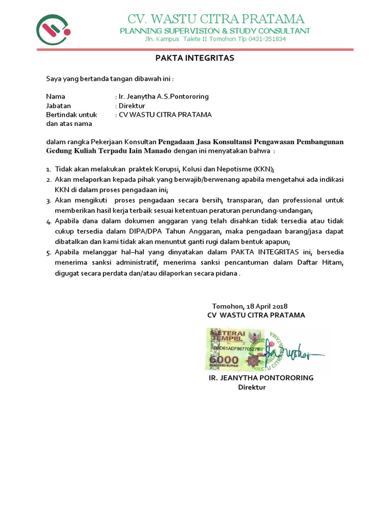 Pakta Integritas CV Wastu Citra Pratama | PDF | Pengelolaan Keuangan ...
