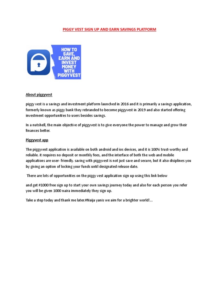 Piggy Vest Sign Up and Earn Savings Platform: About Piggyvest | PDF