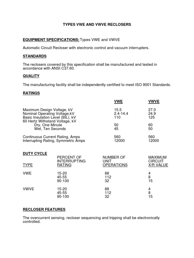 VWE and VWVE Reclosers Specifications | PDF | Power (Physics ...