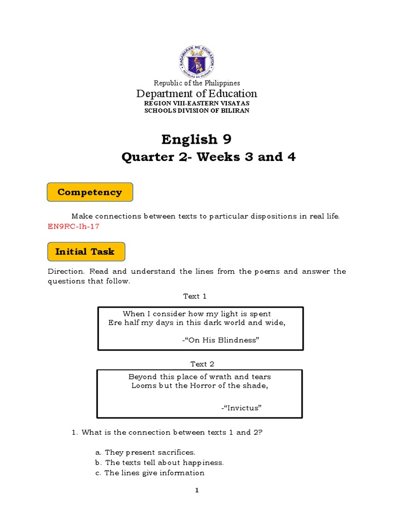 English 9: Quarter 2-Weeks 3 and 4 | PDF | Influenza | Nature