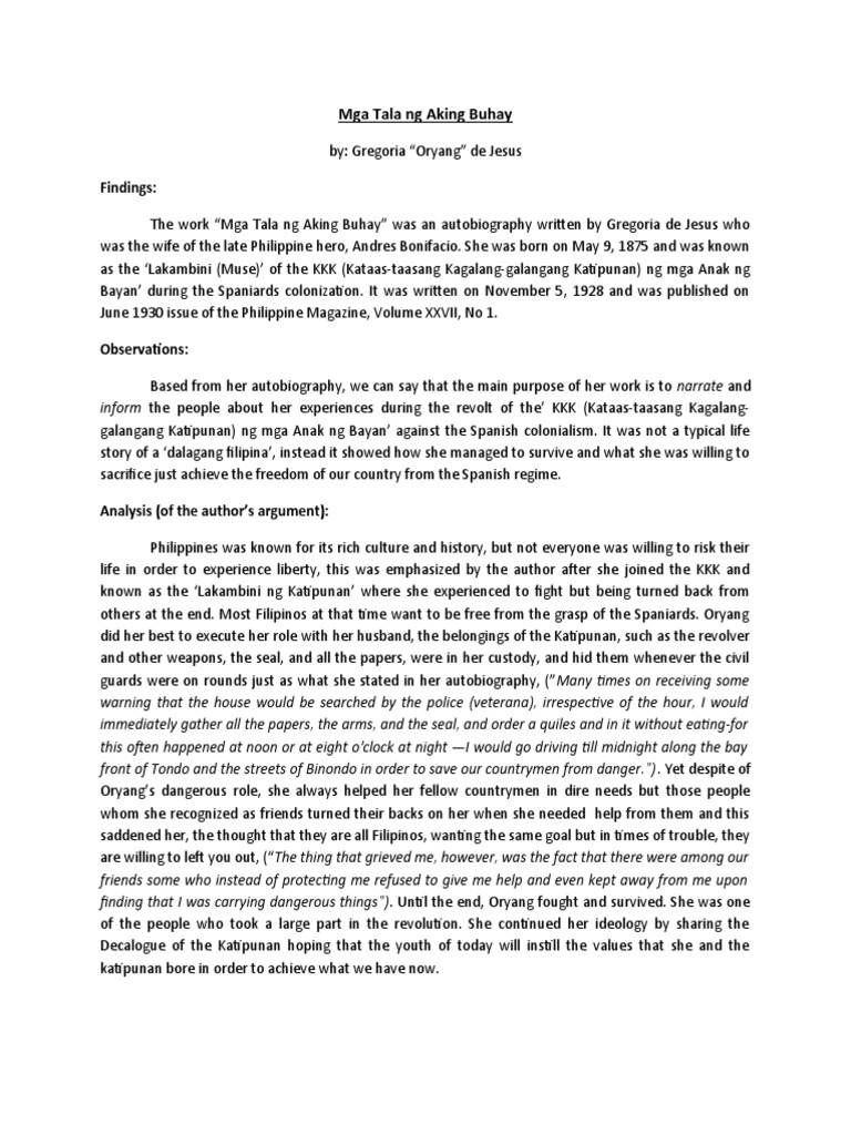 Gregoria de Jesus' Autobiography on Philippine Revolution | PDF ...