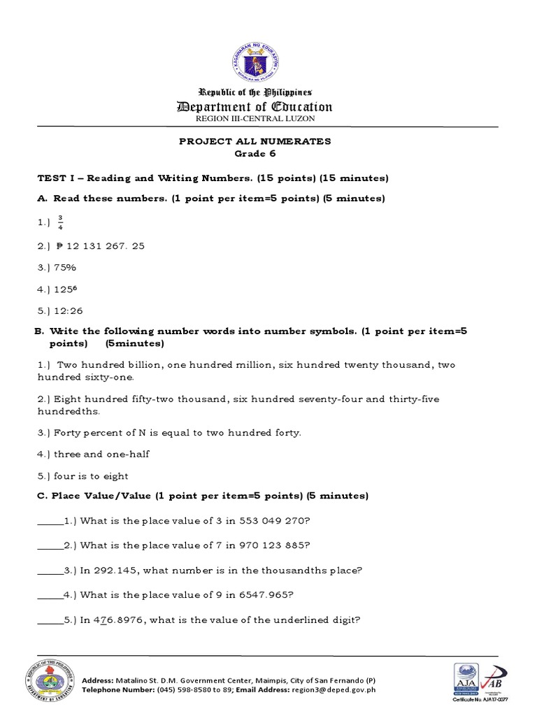 Project All Numerates Grade 6 | PDF | Mathematical Notation ...