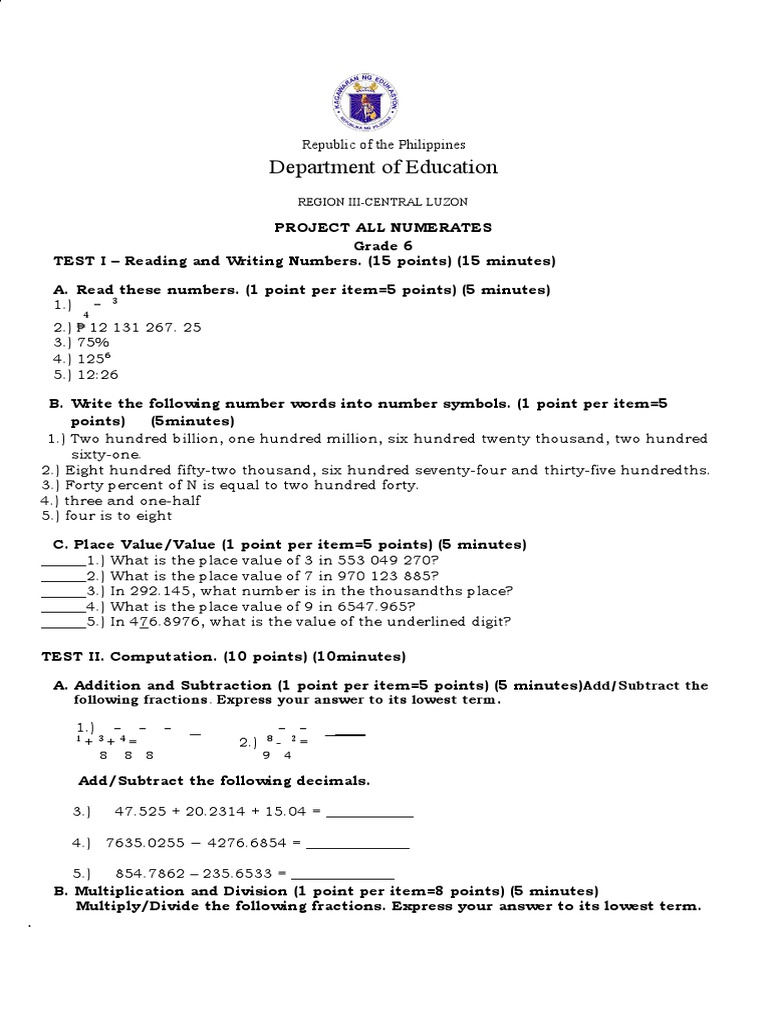 Grade 6 Numeracy Test Answer Key | PDF | Numbers | Notation