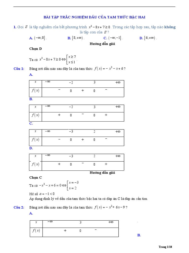 Bai Tap Trac Nghiem Dau Cua Tam Thuc Bac Hai | PDF