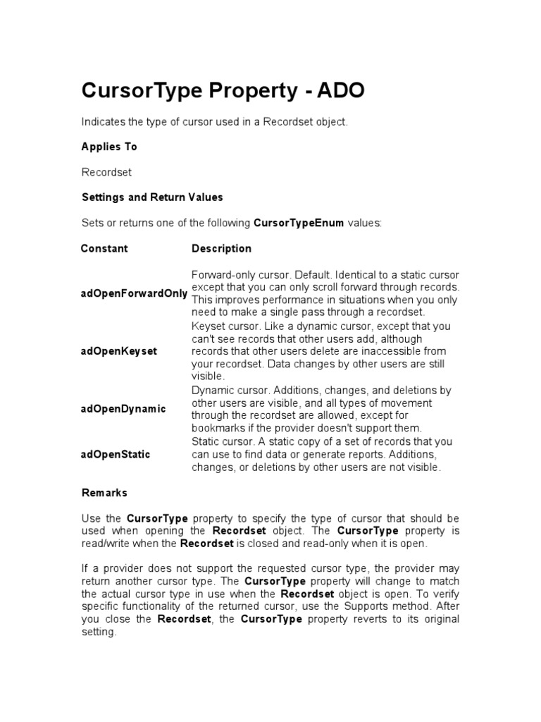 ADO Cursor and Lock Types Guide | PDF | Data Management | Digital ...