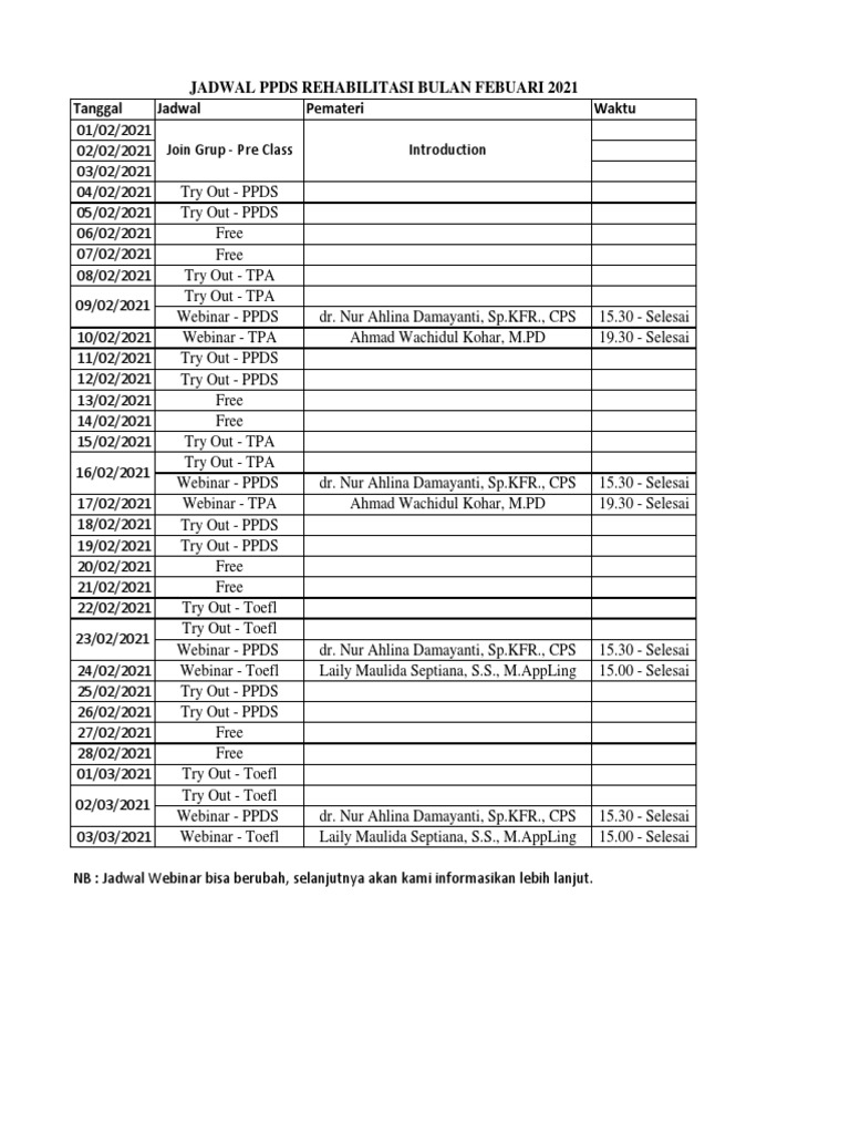 Jadwal PPDS Rehabilitasi Febuari 2021 | PDF
