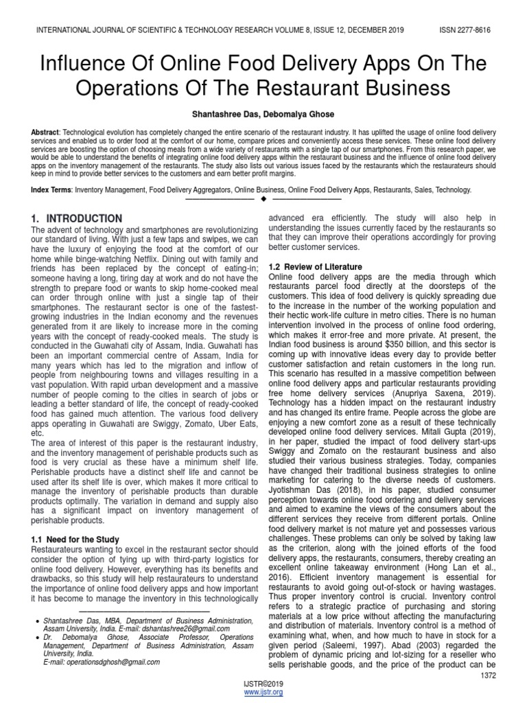 Influence of Online Food Delivery Apps On The Operations of The ...