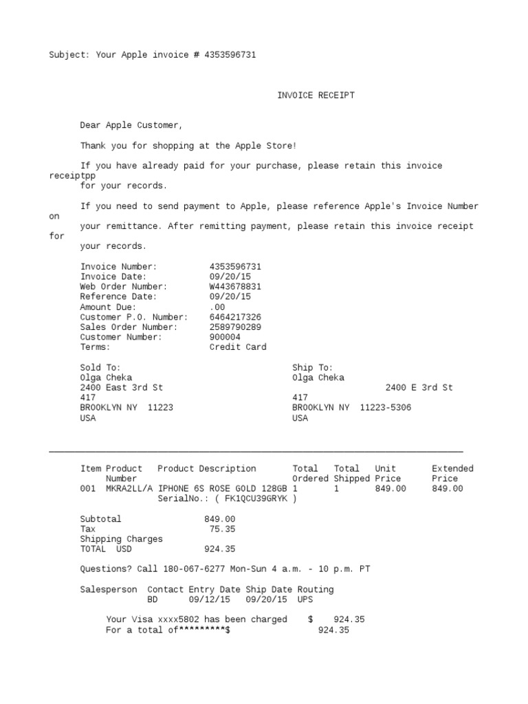 Invoice Receipt for the Purchase of an iPhone 6S Rose Gold 128GB from ...