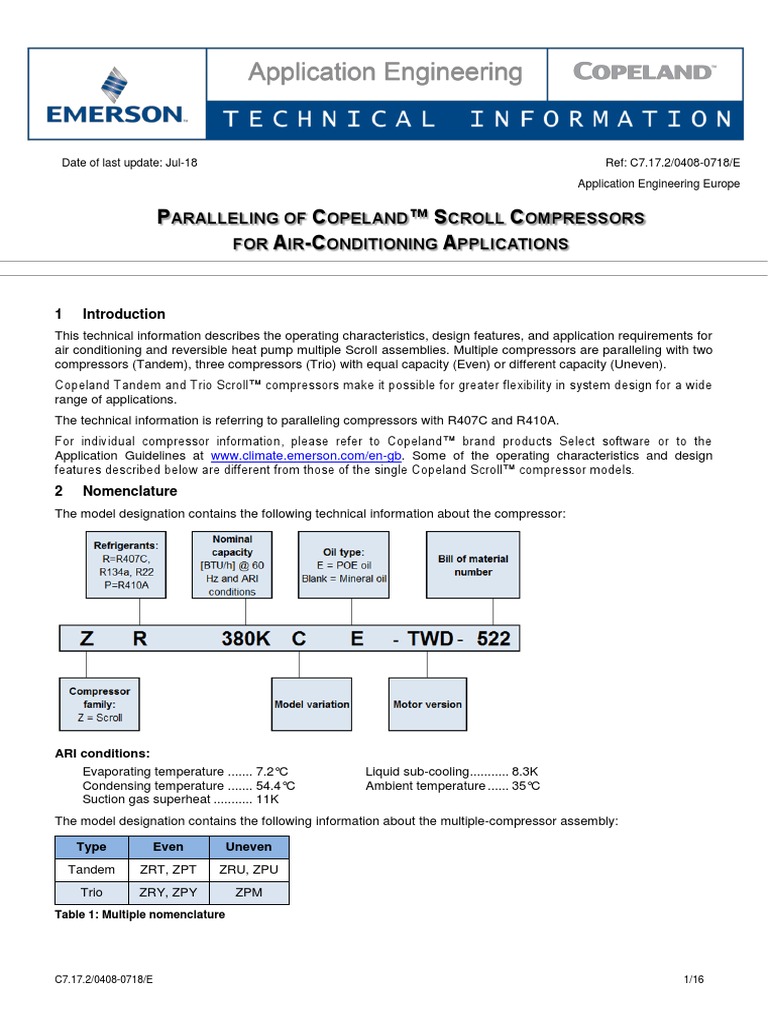 Paralleling of Copeland Scroll Compressors For Air Conditioning ...