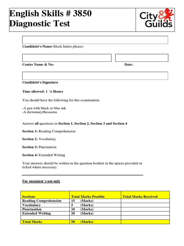 New English Skills # 3850 Diagnostic Test (Jun2020) | PDF