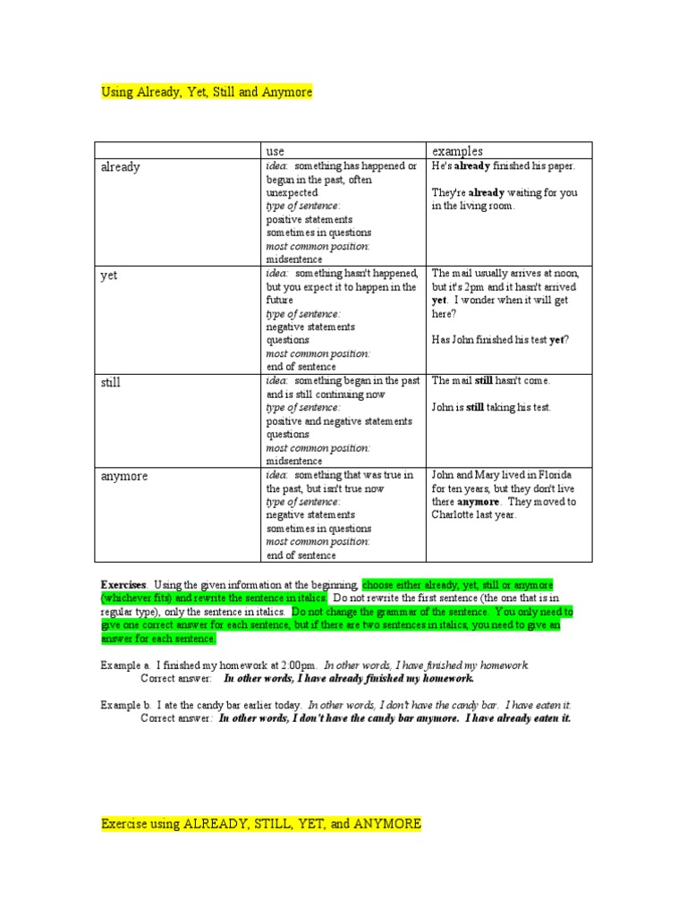 Exercises on Already, Yet, Still, Anymore | PDF | Language Mechanics ...