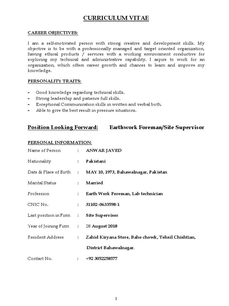 Curriculum Vitae: Position Looking Forward: Earthwork Foreman/Site ...