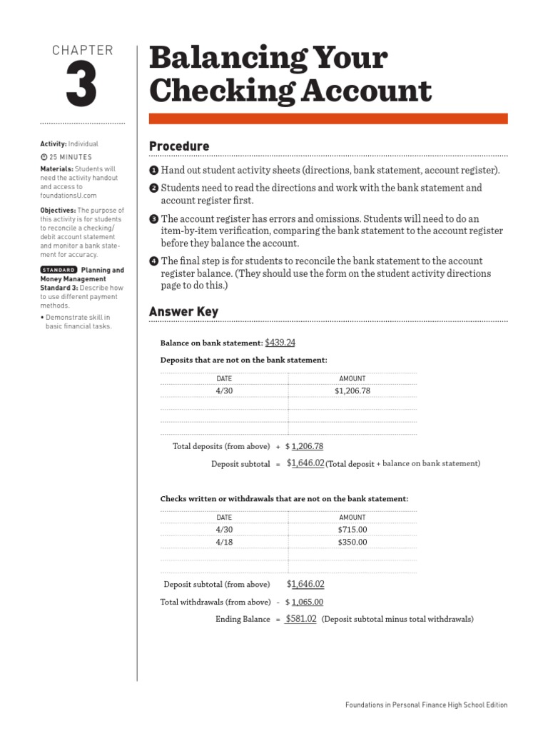 Activity Balancing Your Checking Account | PDF | Deposit Account ...