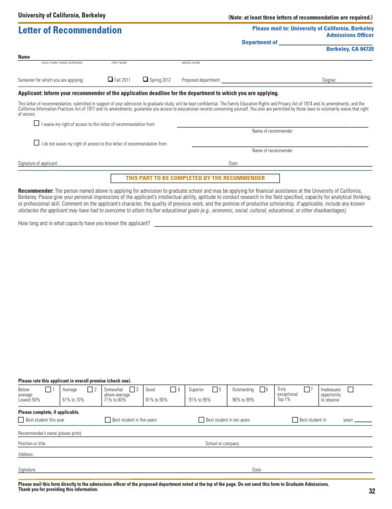 UCB Form Letter Recommendation | PDF | Graduate School | University And ...