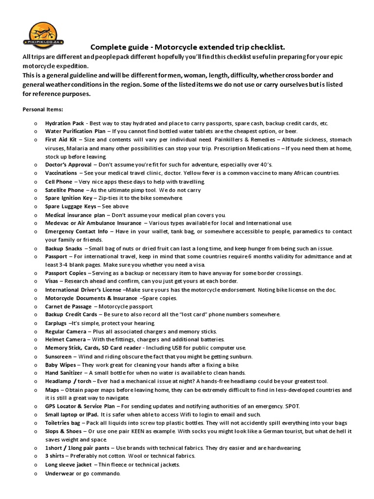 Motorcycle Trip Preparation Checklist | PDF | Tent | Sock