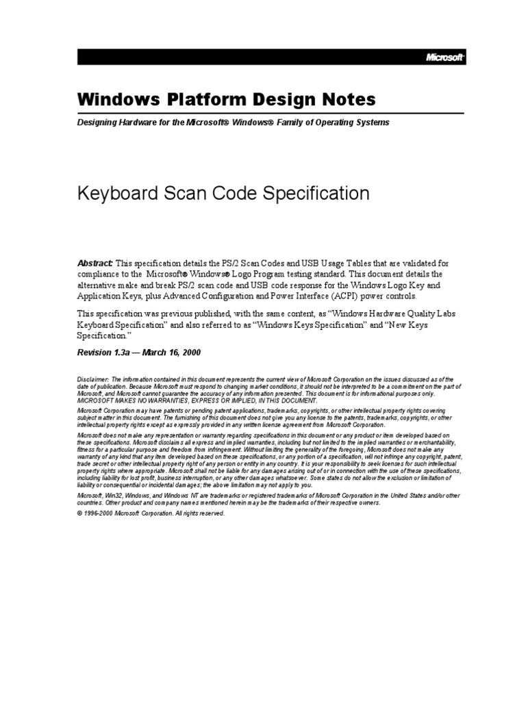 Keyboard Scan Code Specification: Windows Platform Design Notes ...