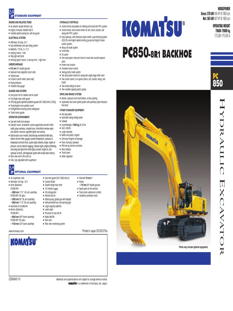 Komatsu PC850-8R1 Excavator Specs | PDF | Horsepower | Electrical Connector
