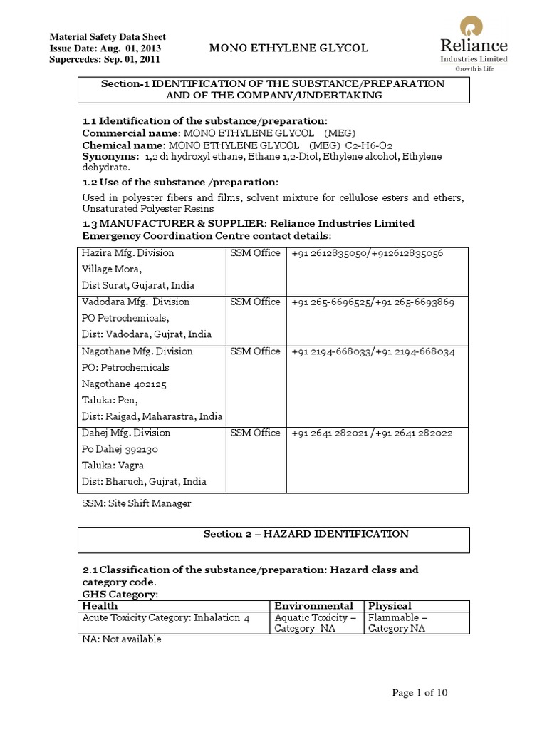 RIL MSDS MEG Aug 2013 | PDF | Personal Protective Equipment | Dangerous ...