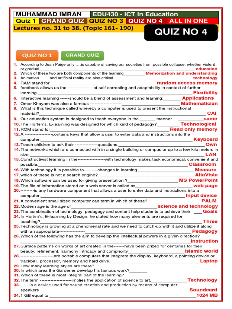 EDU430 - ICT in Education (QUIZ NO 4) | PDF | Computer Data Storage ...