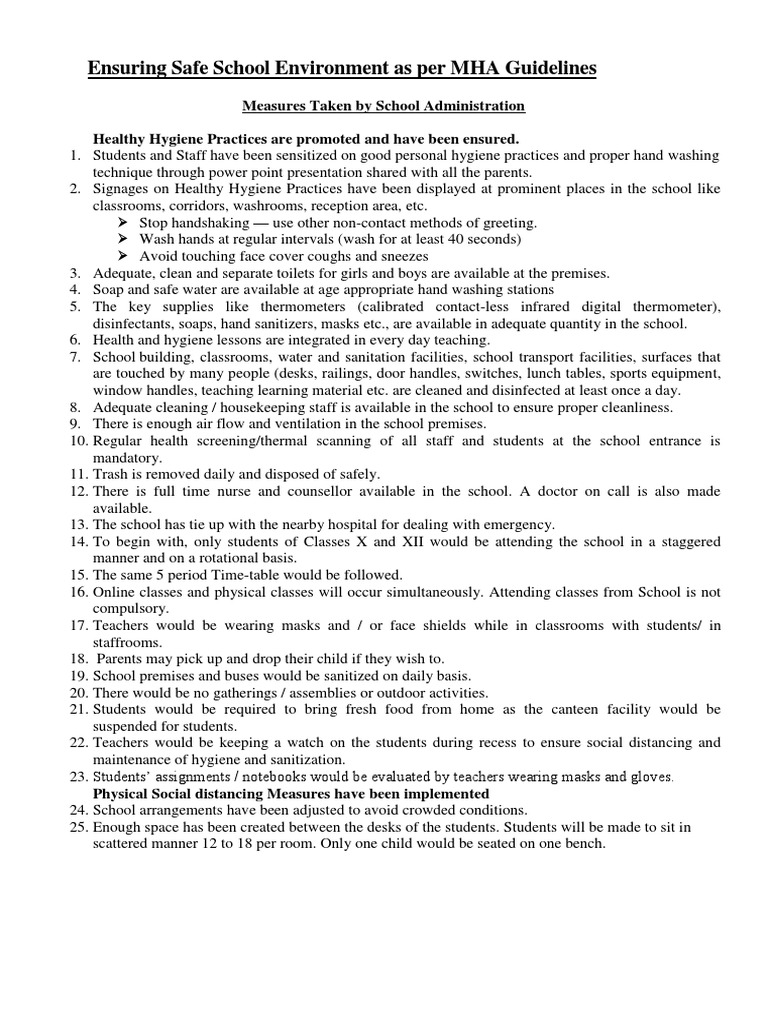 Ensuring Safe School Environment As Per MHA Guidelines | PDF | Hygiene ...