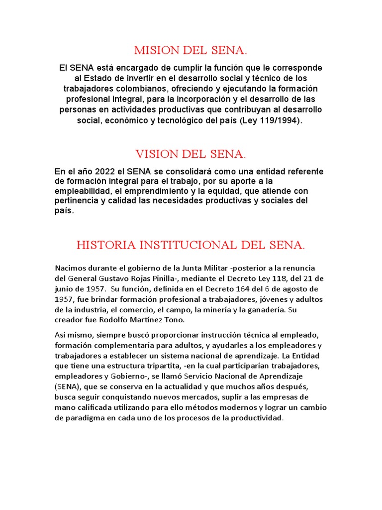 Mision-Vision-Historia-Escudo-Bandera-Logo Del Sena | PDF | Economias ...