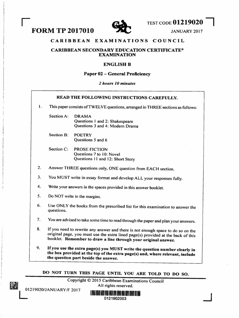 CSEC English B January 2017 P2 | PDF | Writing | Poetry