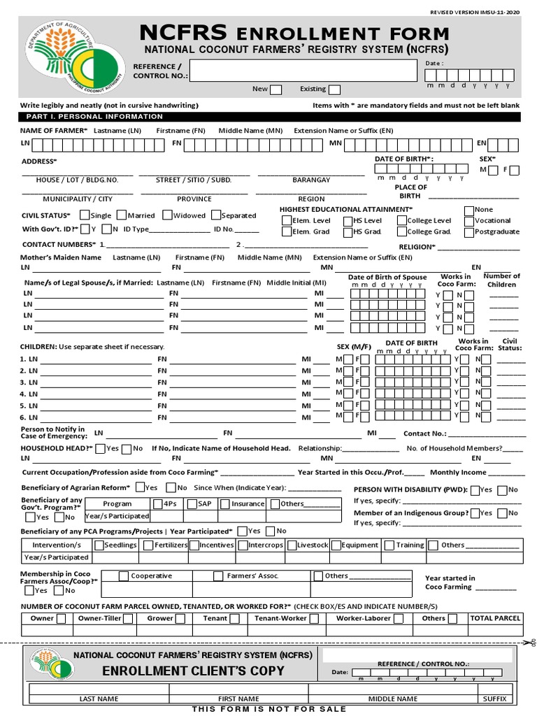 NCFRS Enrollment Form Guide | PDF | Coconut | Farms